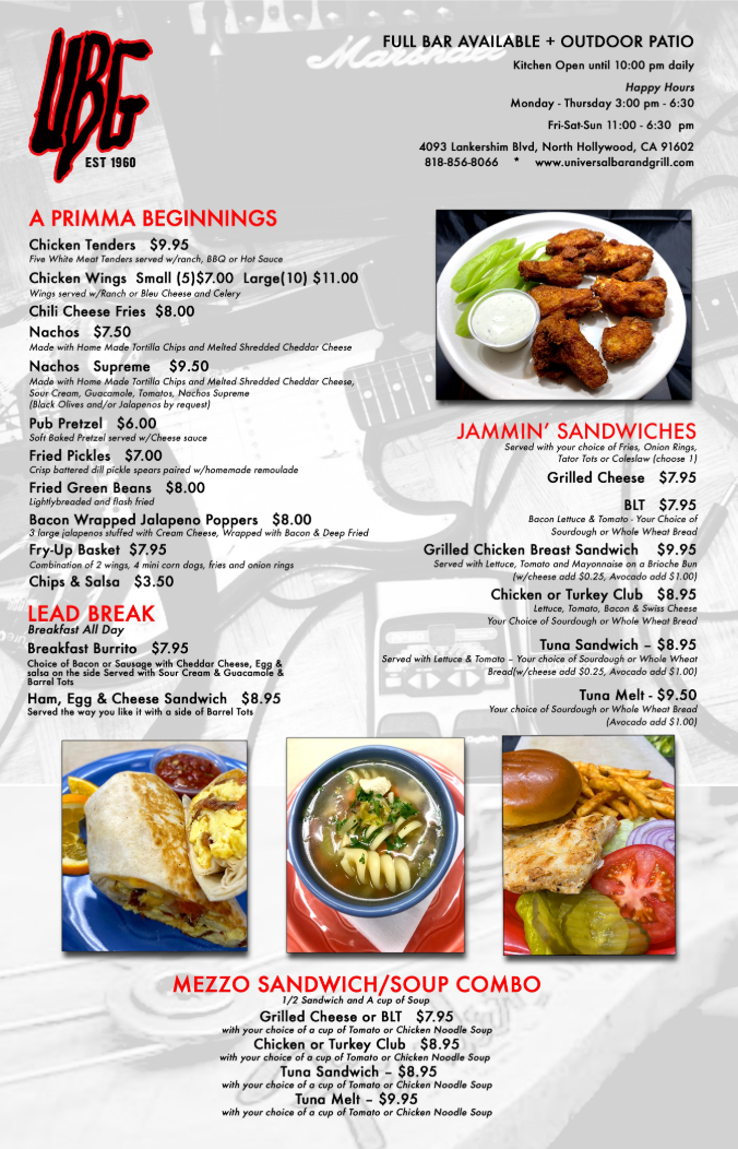 Menu | Universal Bar & Grill in Los Angeles