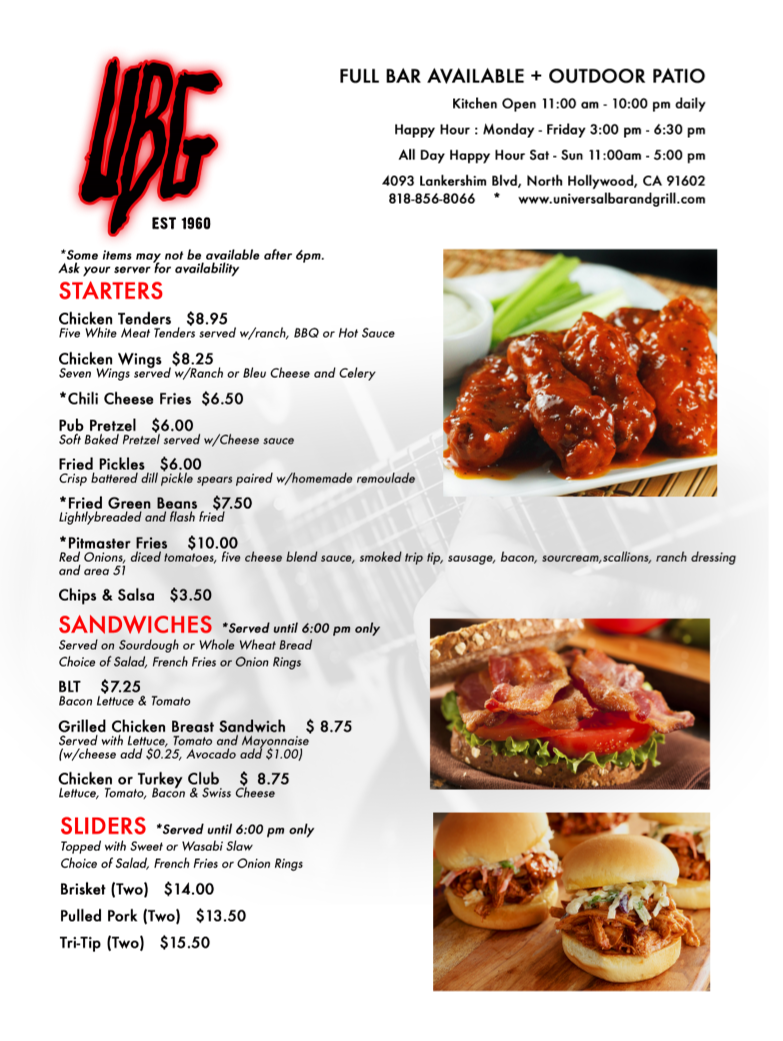 Menu | Universal Bar & Grill in Los Angeles