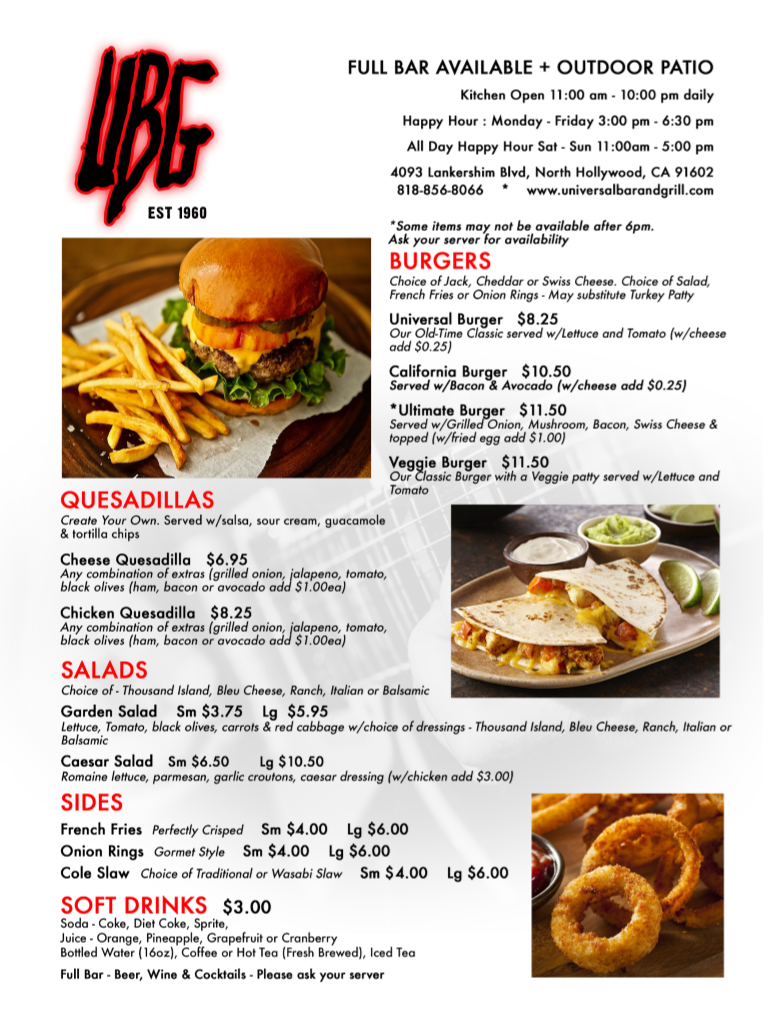 Menu | Universal Bar & Grill in Los Angeles